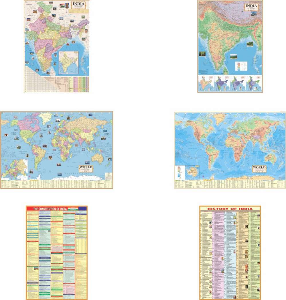 (COMBO OF 6 INDIA & WORLD ENGLISH MAPS) INDIA & WORLD (Both Political ...