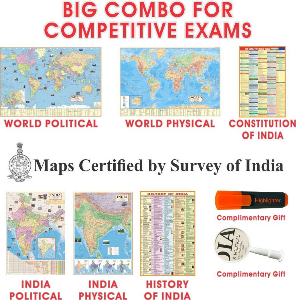 (COMBO OF 6 MAPS/CHARTS WITH COMPLIMENTARY HIGHLIGHTER & MAGNIFYING ...