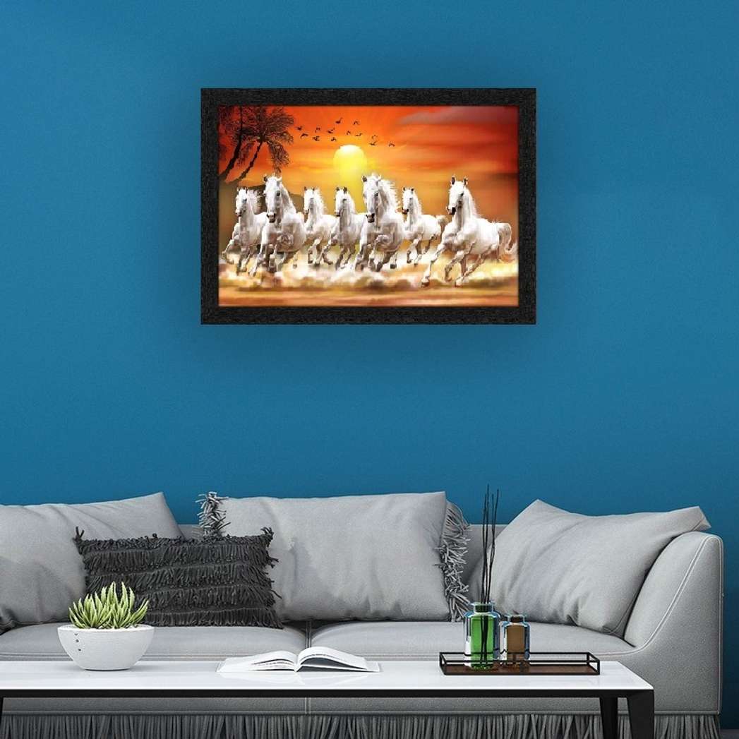 Vastu 7 Lucky Running Horses Painting With Frame Digital Reprint 11 ...
