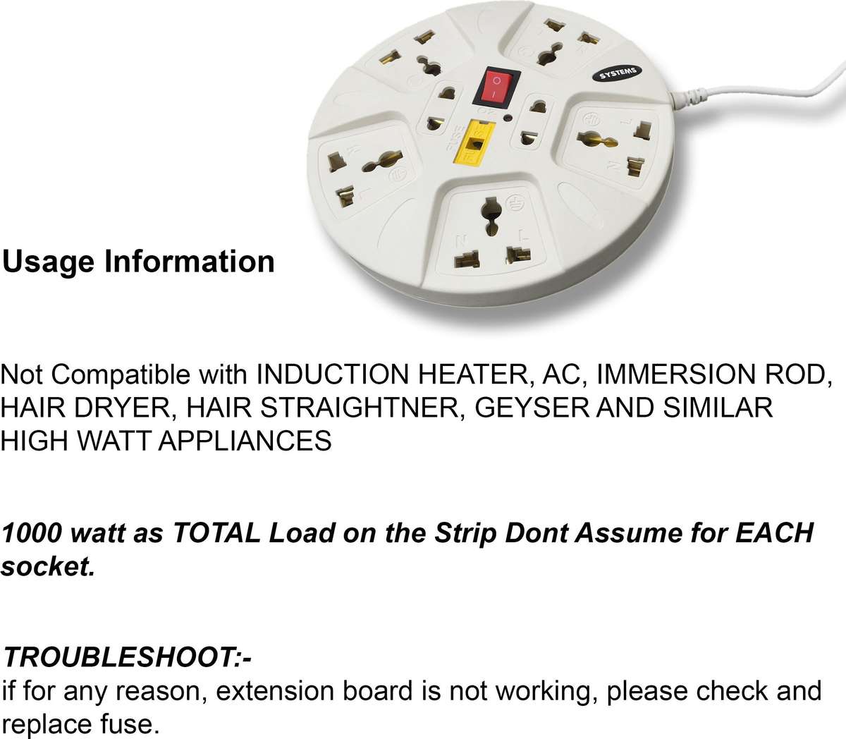 ShopGlobal 6 Amp Multi Plug Point Strip, Cord (3.6 Meter) Wire ...