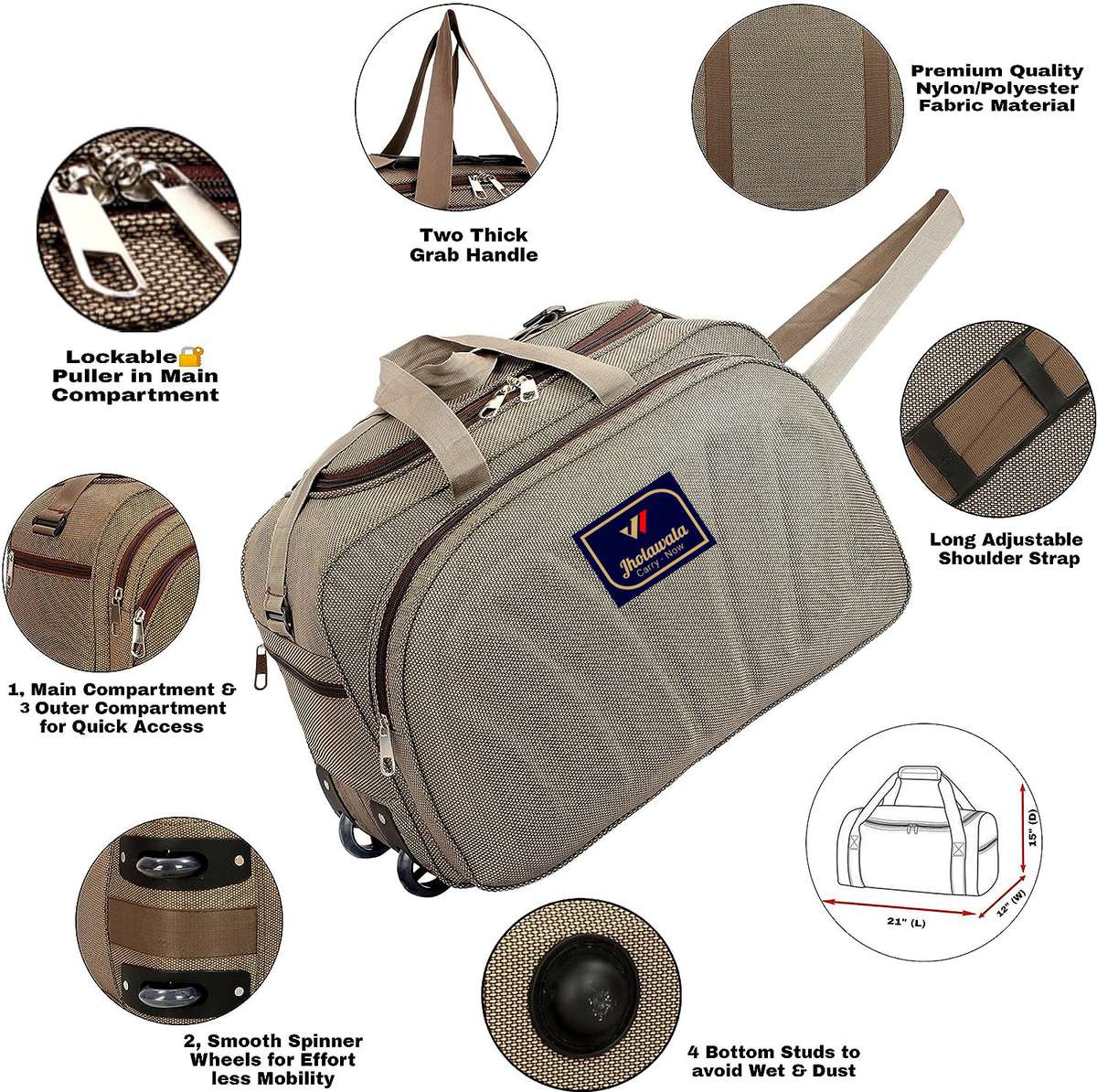 (Expandable) 65 L Strolley Duffle Bags/Luggage with Trolley Bags-Brown ...