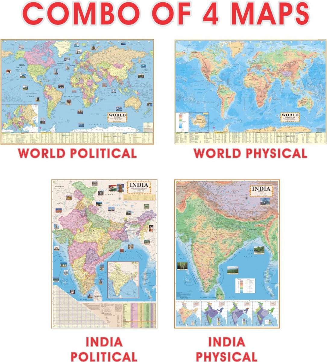 (COMBO OF 4 MAPS/CHARTS) India & World(Both Political & Physical), Set ...