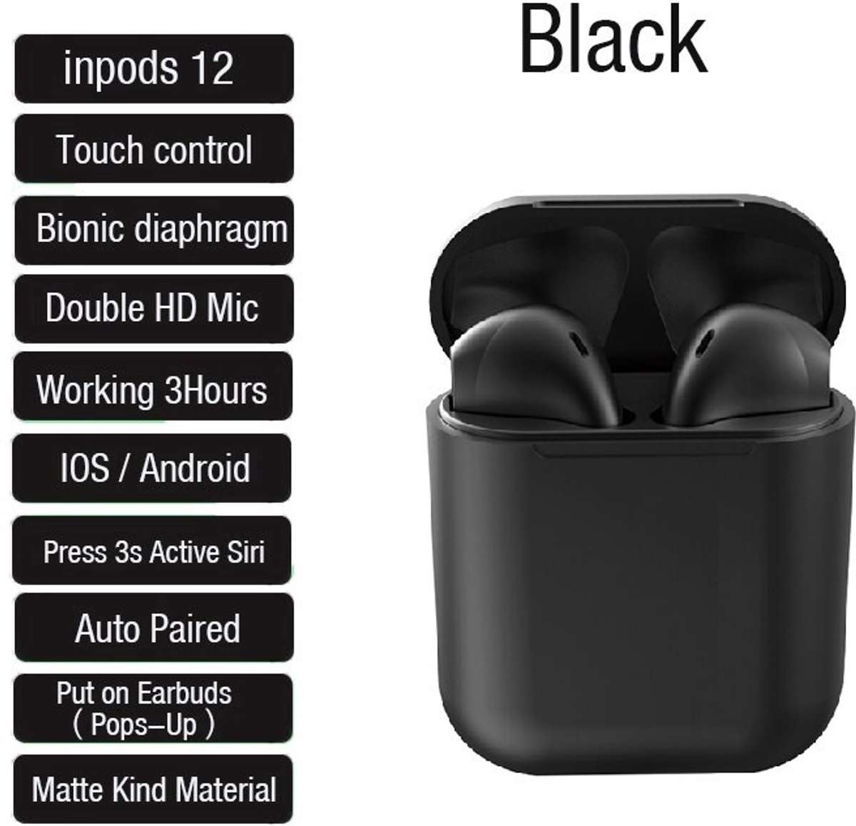 Inpods Earbuds Wireless bluetooth Touch Earphones - Black Bluetooth ...