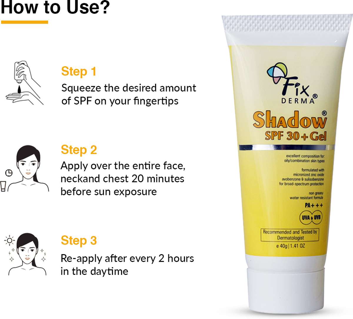 Fixderma Shadow Sunscreen SPF 30+ Gel For Oily Skin, UVA-UVB Protection ...