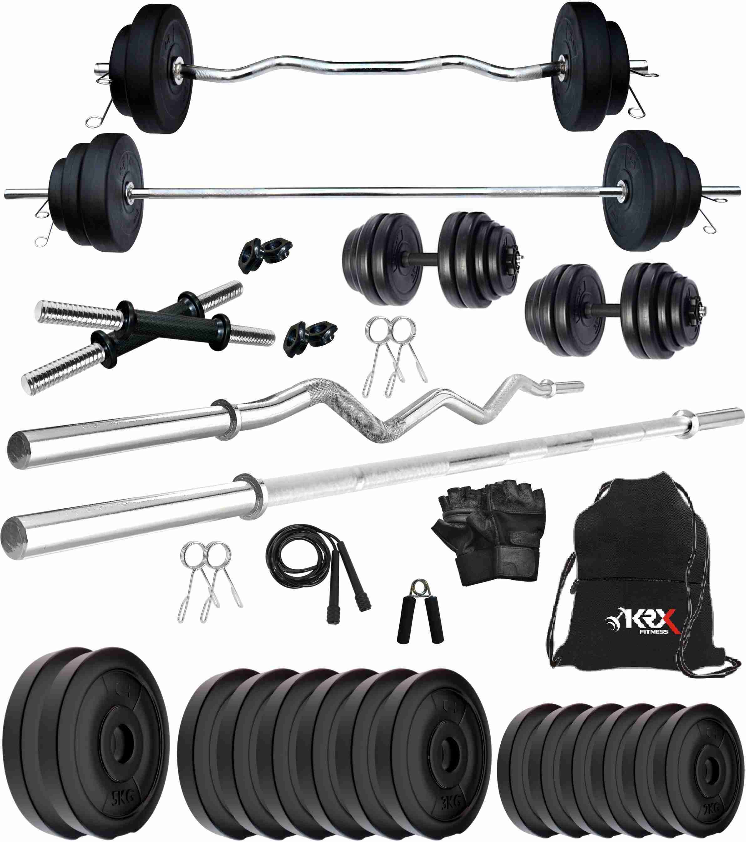 KRX 40 kg PVC 40 Kg Home Gym Set with 3 Ft Curl & 5 Ft plain & 1 Pair ...