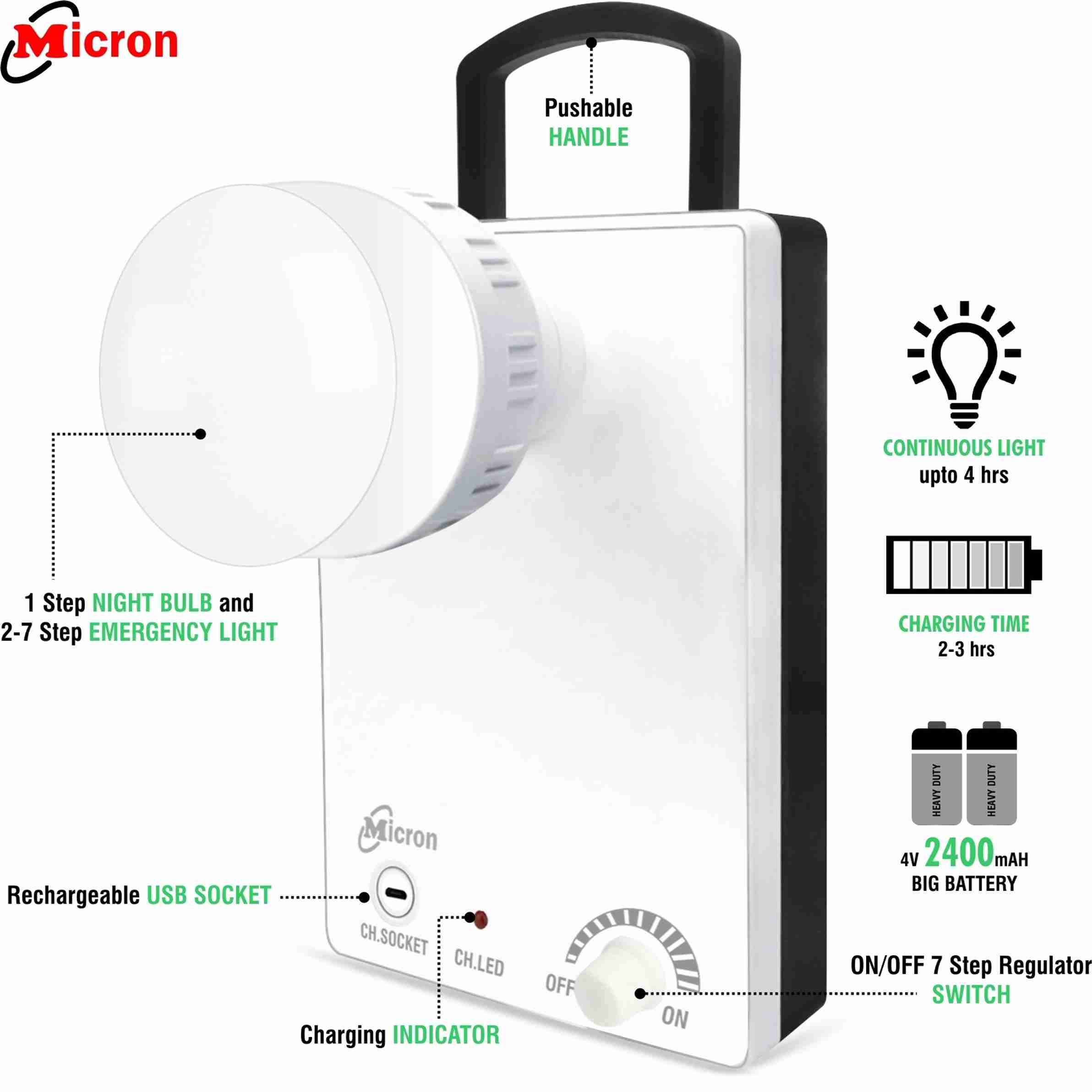 Micron 24 Watt Hi-Bright LED Bulb with Electric Rechargeable 4 hrs Bulb ...