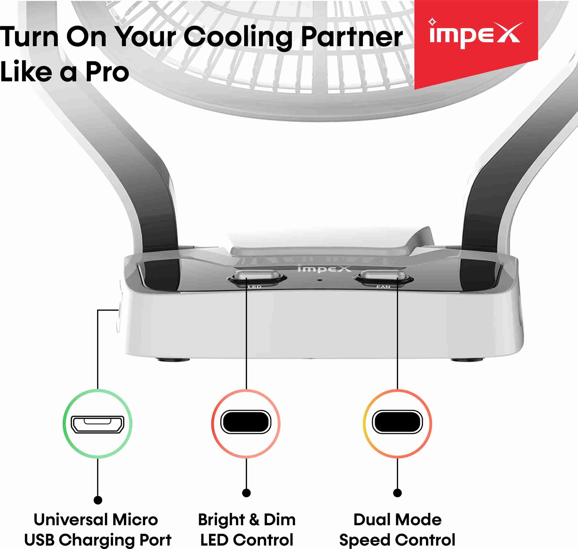 IMPEX Rechargeable Fan (BREEZE D1) with LED Light Dual Speed Mode with ...