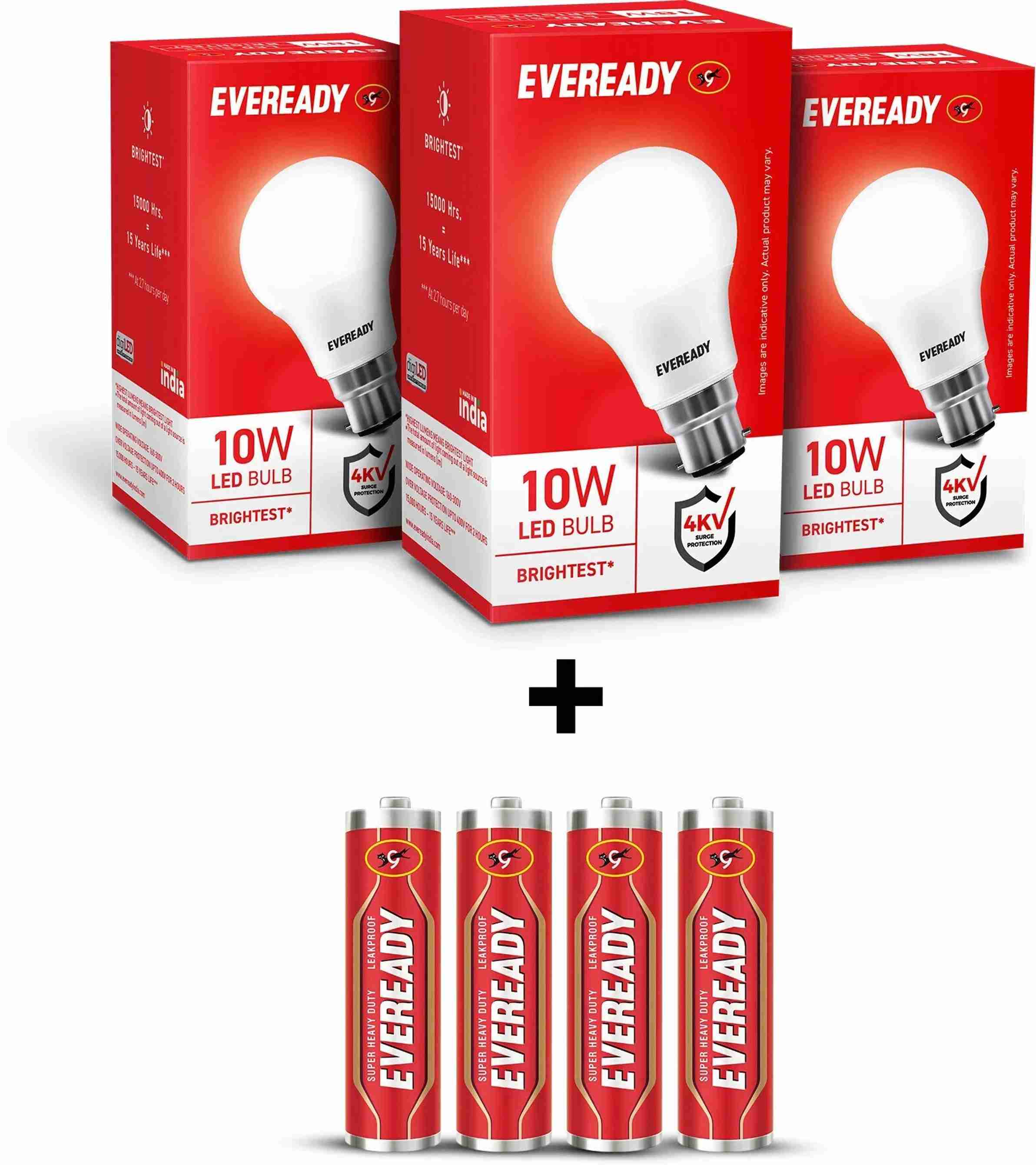 Eveready 10W LED Bulb Pack of 3 with Free 4 Batteries Price in India ...