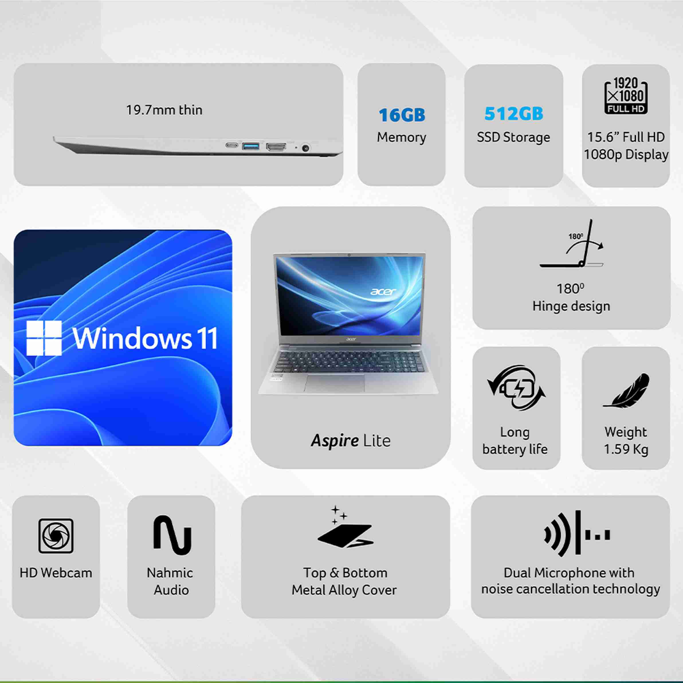 Acer Aspire Lite AMD Ryzen 3 Quad Core 5300U - (8 GB/512 GB SSD/Windows ...