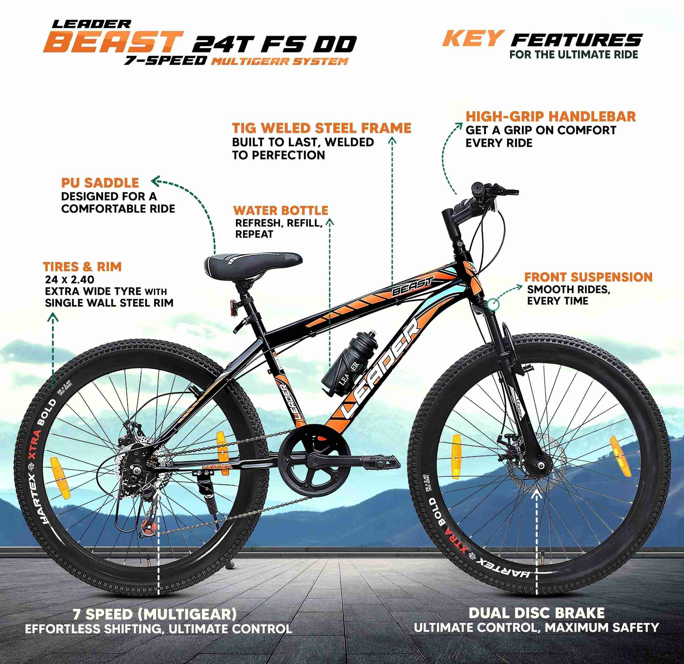 LEADER Beast 24T Multispeed (7 Speed) Bike with Front Suspension & Dual ...