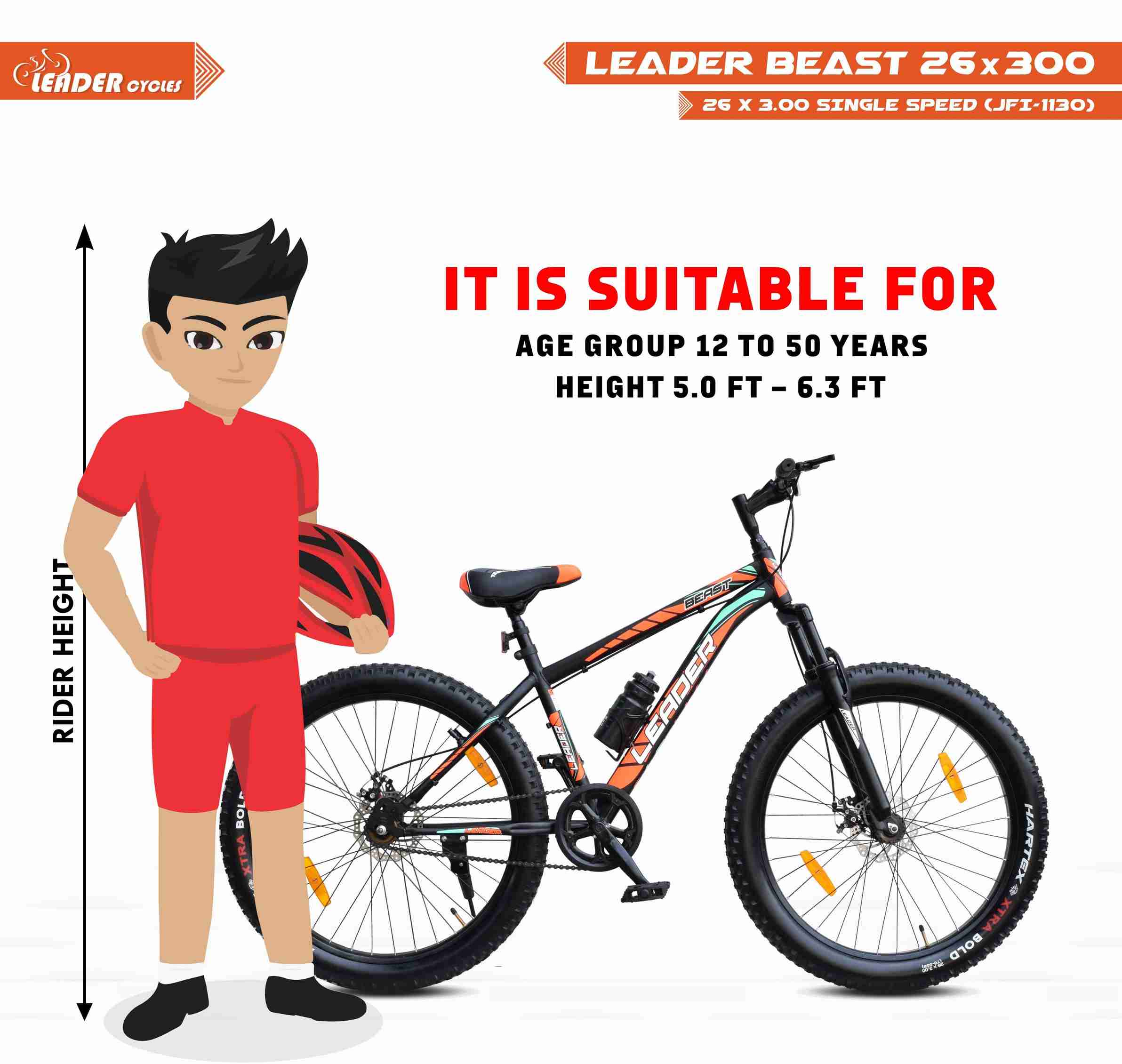 LEADER Beast 26x300 Bike/Cycle Tyre with Front Suspension& Dual Disc ...