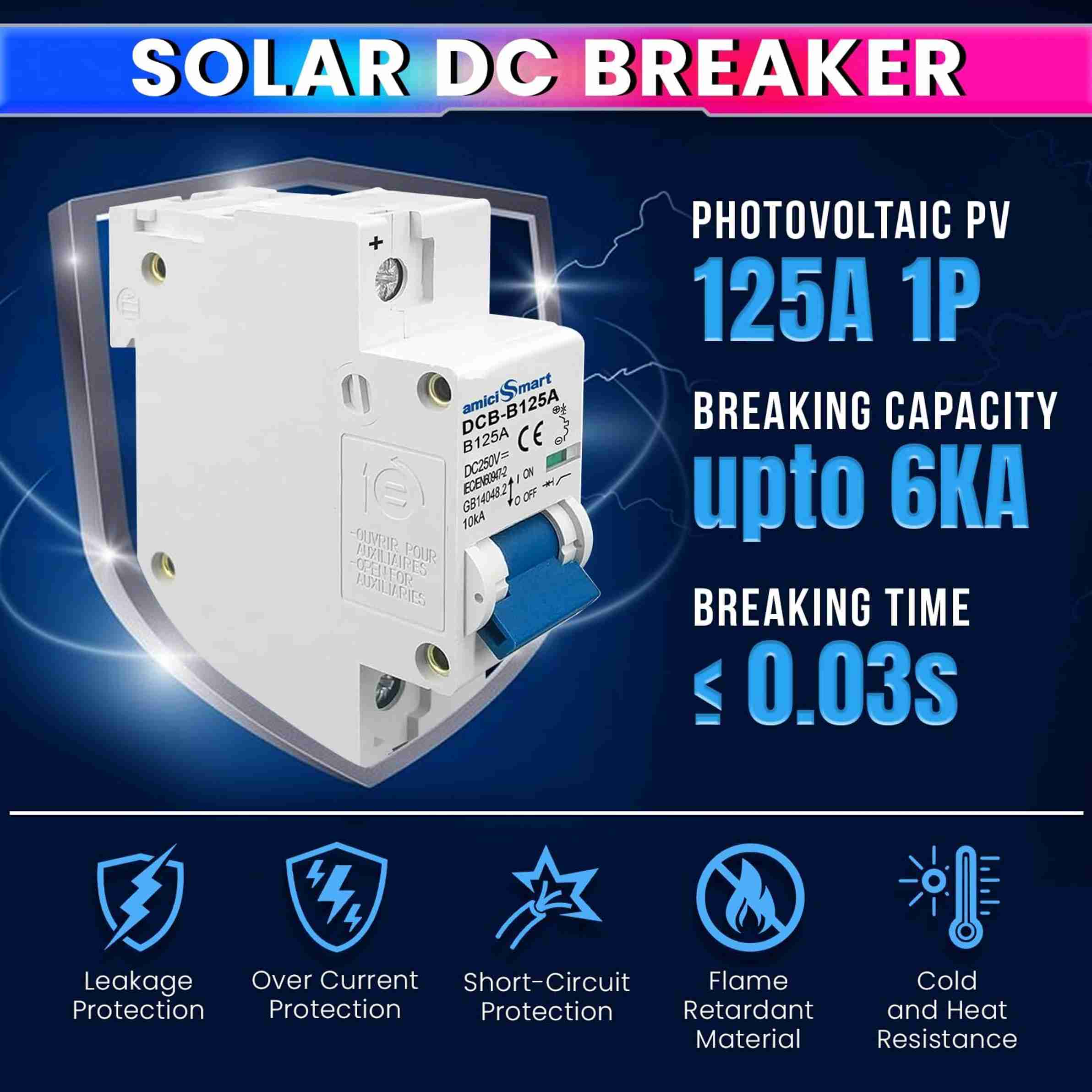 amiciSmart DC Circuit Breaker 125A 250V | 1P B Curve MCB for PV/Solar ...