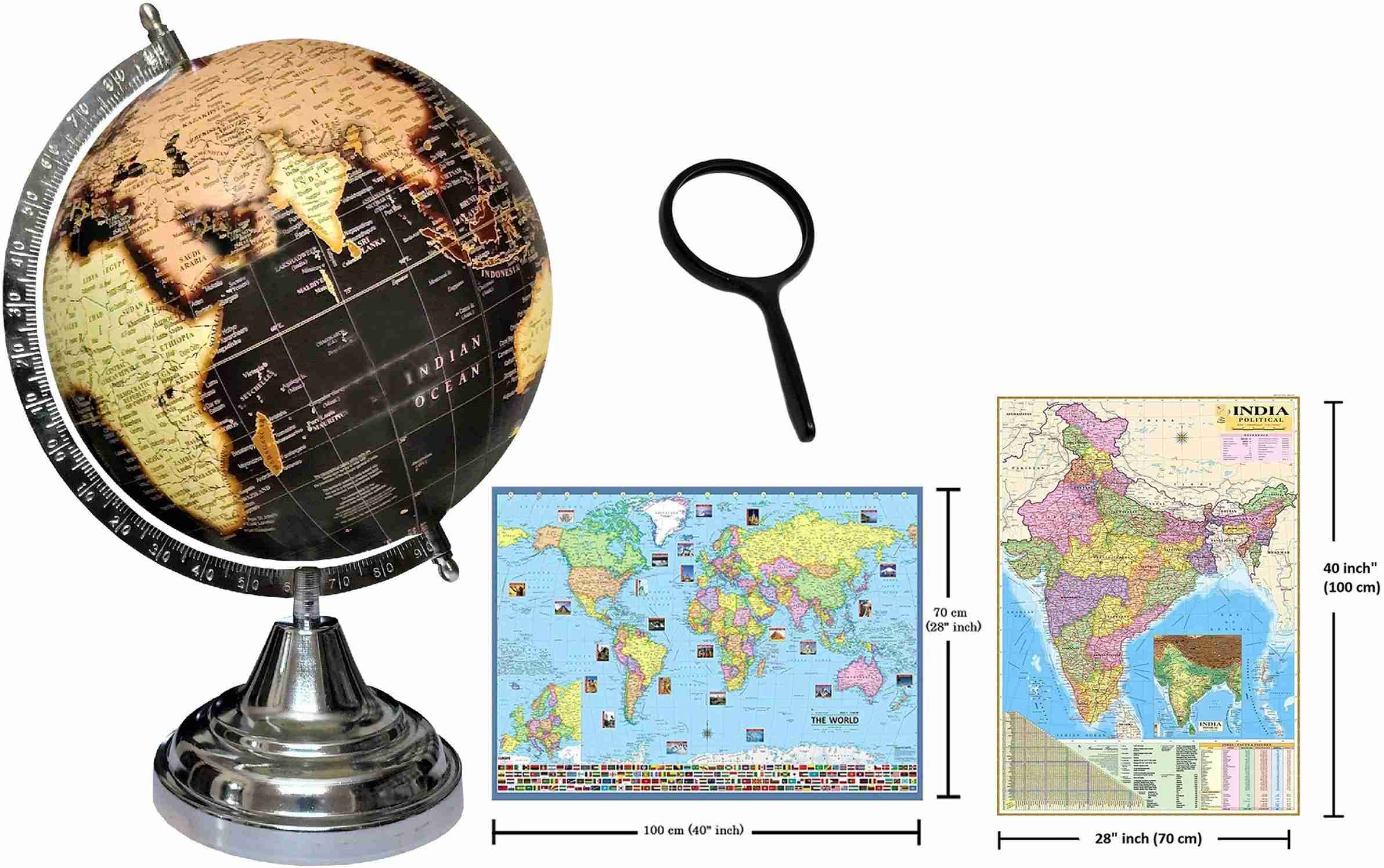 Savy 8 Inch Globe+50mm Magnifying Glass+India+World Maps Steel Arc Base ...