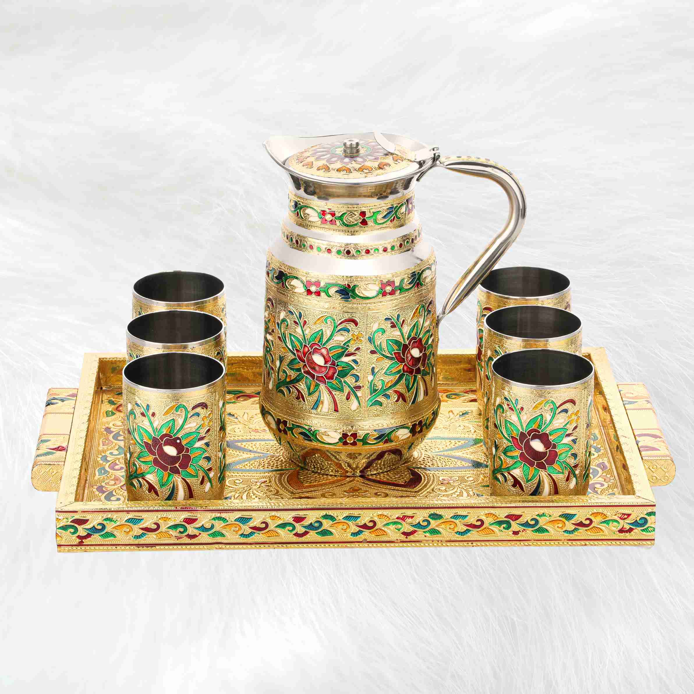 NAVRANG Meenakari Flower Lemon Set steel Glass Jug Tray Set Golden ...