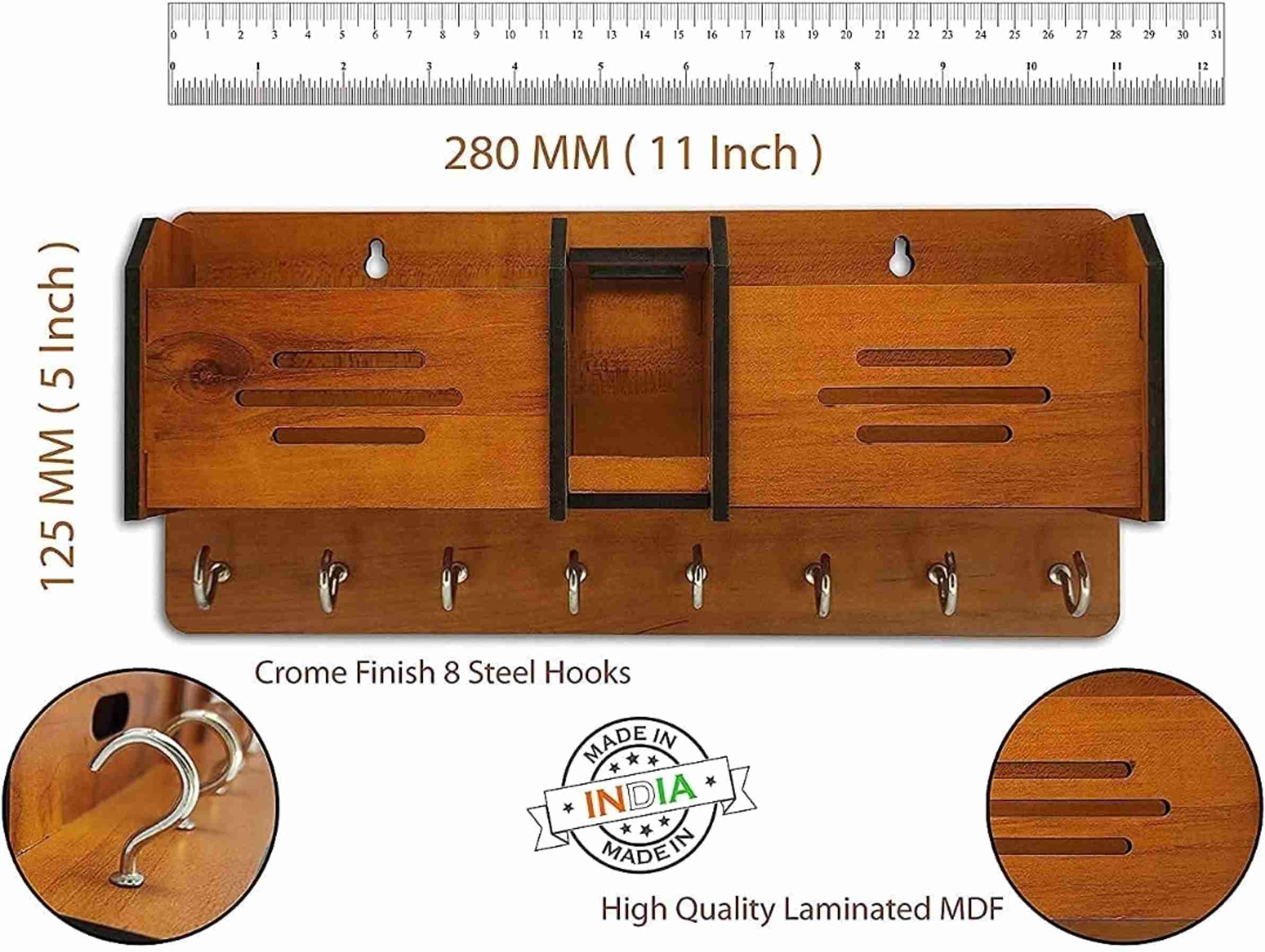 Flipkart SmartBuy Wooden Key Holder with 7 Hooks, 2 Pockets, and Mobile ...