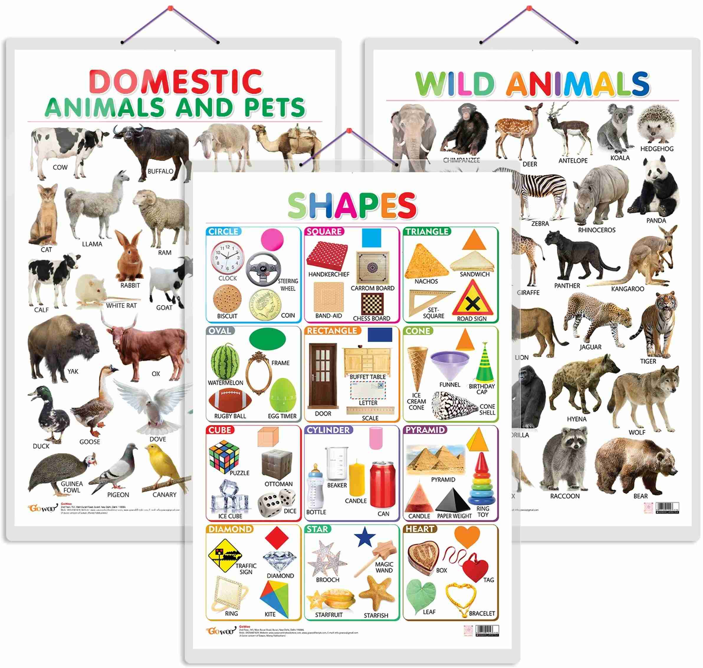 Set of 3 Domestic Animals and Pets, Wild Animals and Shapes Early ...
