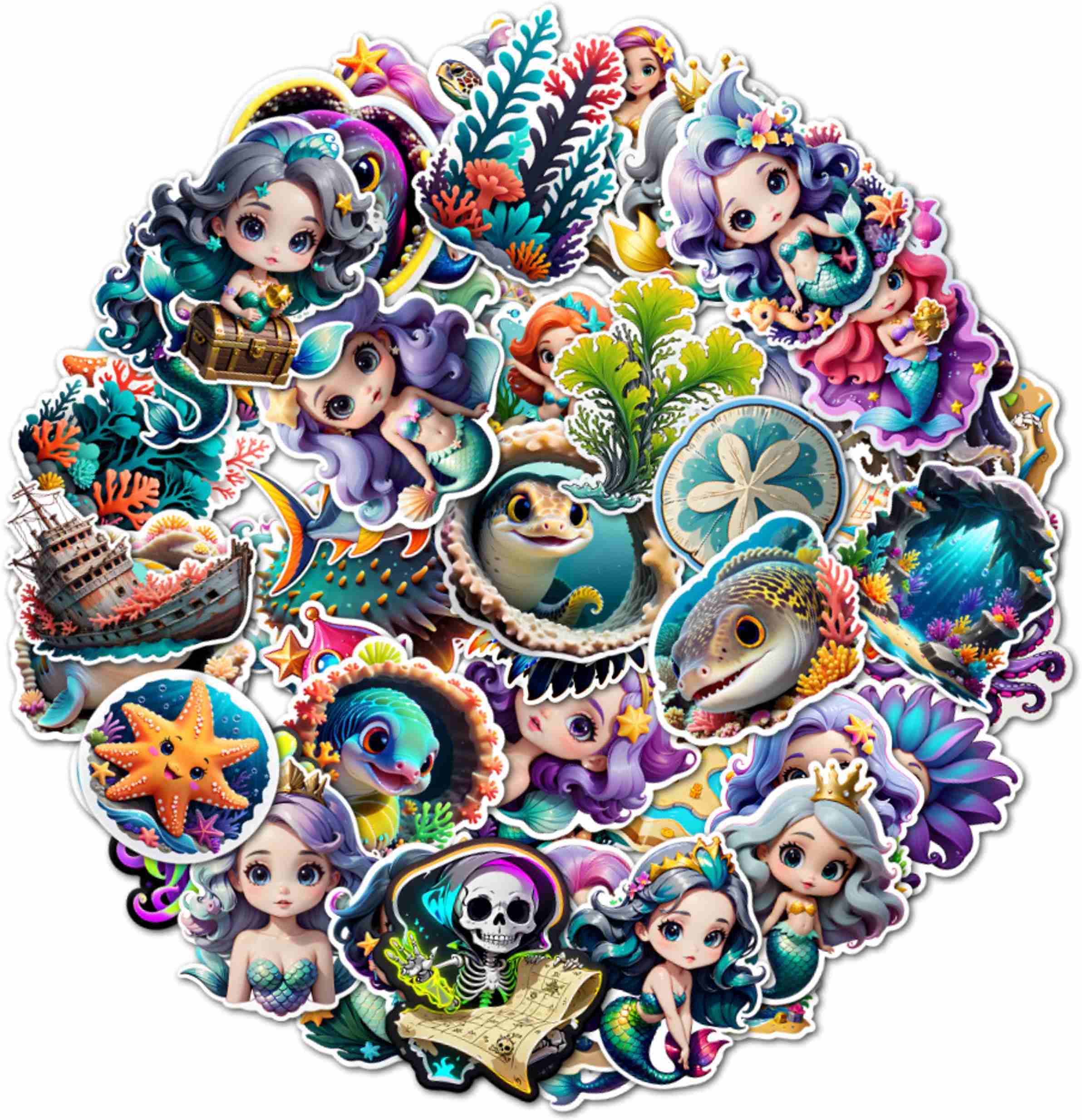 CraftDecor 3.62 cm Cute Mermaid Princess and Sea Creature Stickers for ...