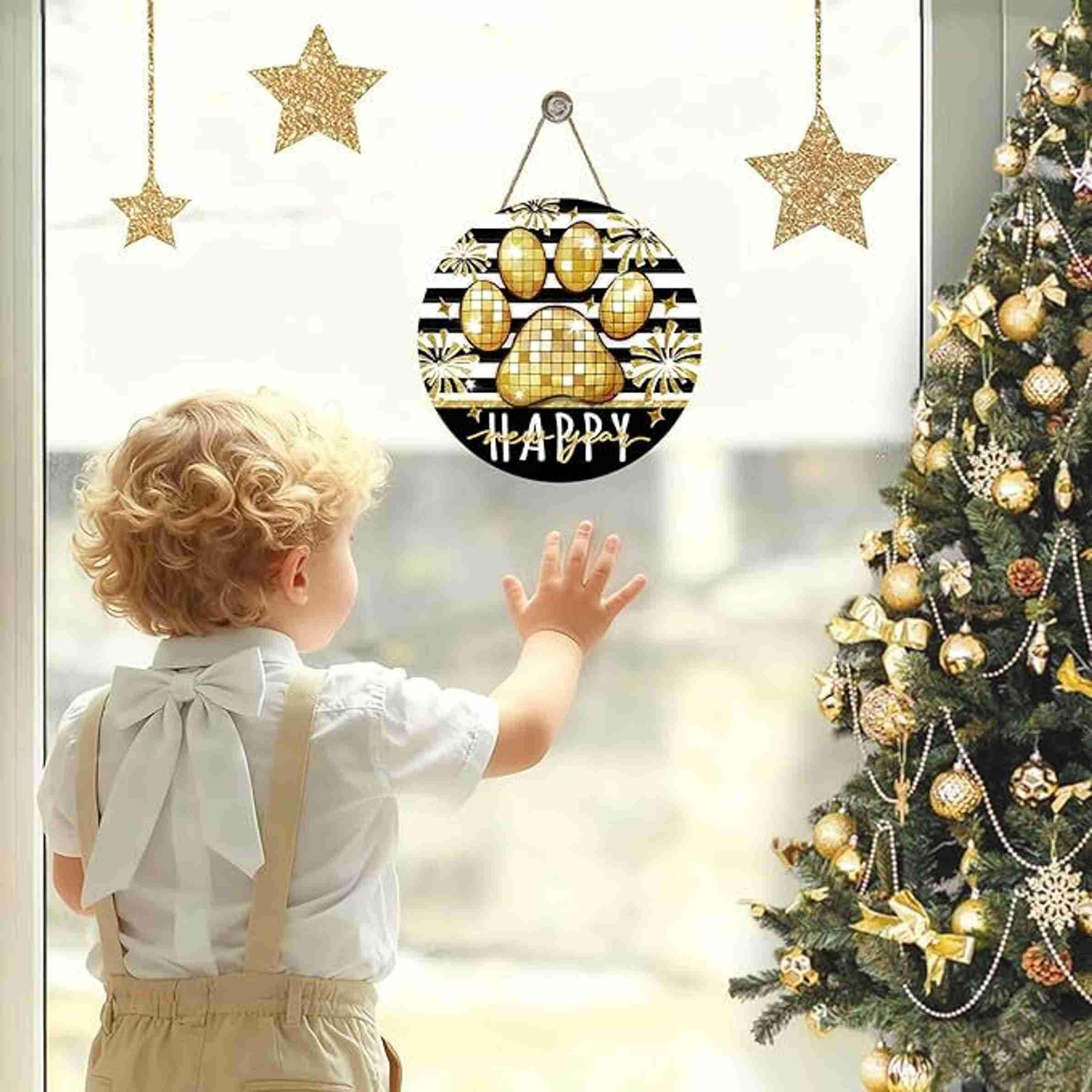 Mandala Soul Happy New Year 2026 Front Door Sign, Black Gold Pet Paw ...