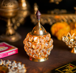 T-KA108 Brass and Crystal Matki Shape Akhand Diya/Table Deepak/Oil Lamp ...