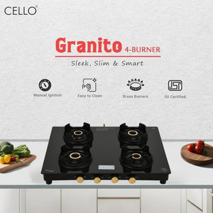 CELLO Granito 4 Burner Black Gas Cooktop, Toughened Glass, ISI ...