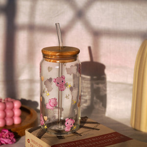 najarat Piggy Glass Tumbler With Bamboo Lid and Reusable Glass Straw ...