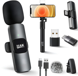 MAK Wireless Microphone with Fur and LED Selfie Stick for Vlogs & Reels ...