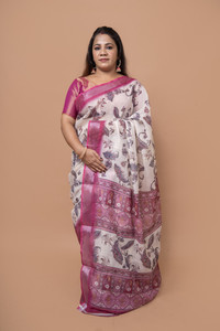 Buy SAAJ BOUTIQUE Floral Print Handloom Linen Pink, White Sarees Online ...