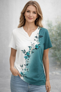 LOMOOFY Casual Floral Print, Color Block Women White, Dark Green Top ...