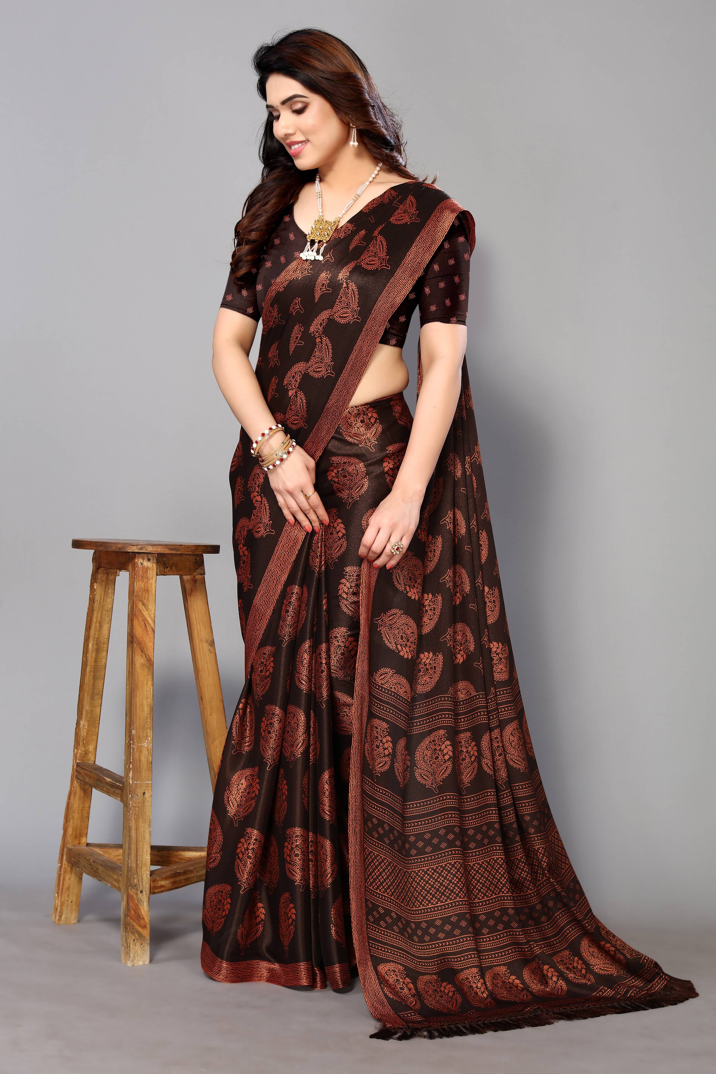 Buy FABMORA Printed, Blocked Printed Daily Wear Chiffon Brown Sarees ...