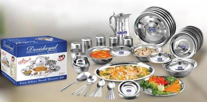 Devidayal Pack of 51 Stainless Steel Pieces Silver Touch Dinner Set ...