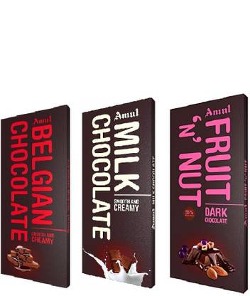 Amul Combo Of 3 Belgian Chocolate, Milk Chocolate and Fruit N Nut Dark ...