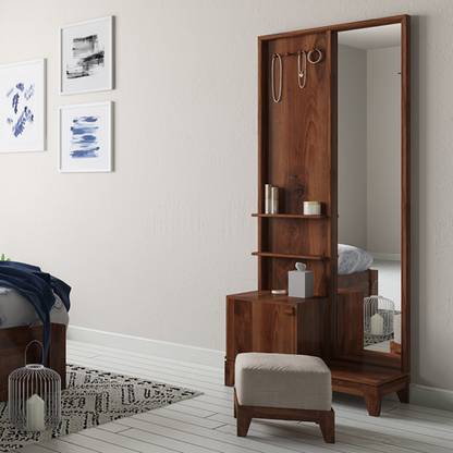 Urban Ladder Magellan Dressing Table With Pouffe Solid Wood Dressing ...