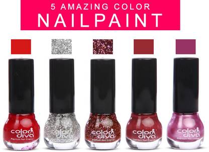Color Diva Amazing Nail Paint Pack of 5 Red, Silver Sparkle, Maroon ...