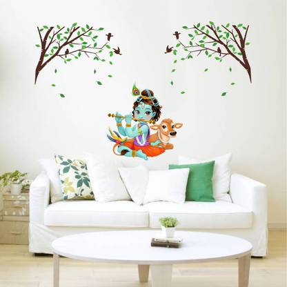 rawpockets 1 cm Wall Decals ' Lord Krishna Playing Flute under tree ...