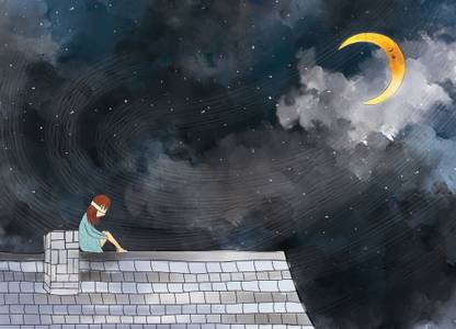 KD sad blind girl sitting alone on rooftop Sticker Poster|Night Moon ...
