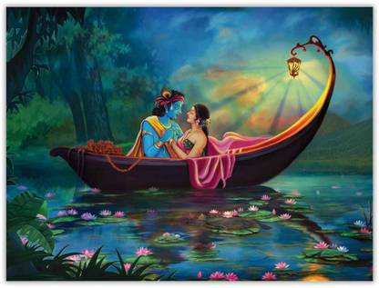 Radha Krishna On Boat Sparkle Coated Self Adesive Poster Without Frame ...