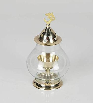Puja N Pujari Akhand Diya with Glass Cover for Pooja Brass Table Diya ...