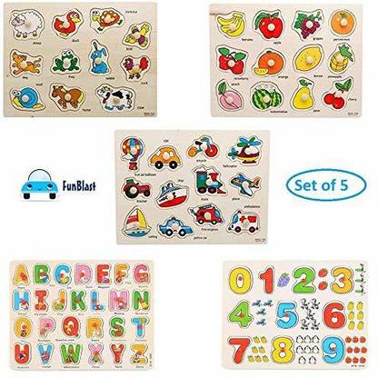FunBlast Set of 5 Puzzle Board with Knob - Wooden Colorful Learning Educational Board with Knob ...