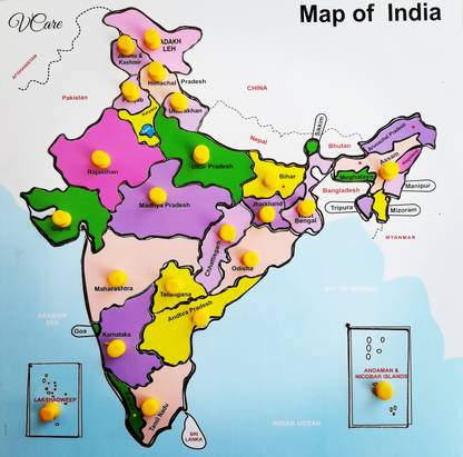 Vcare Wooden craft Map of India Puzzle Tray with Knobs Multi Color,(11 ...