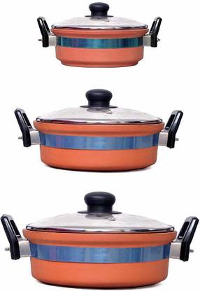 Vasudev Combo Clay Kadai with Lid (Pack of 3 ) Clay Pots for Cooking ...
