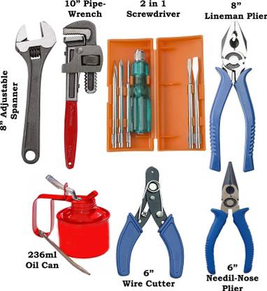 Toolhub 8In Spanner, 10In Pipe Wrench, Plier, Stripper, Nose Plier, Screwdriver, Hand Tool Kit ...