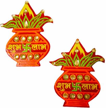 Dms Retail 10 cm Wooden Bandhni Printed Shubh Labh Kalash Sticker for ...