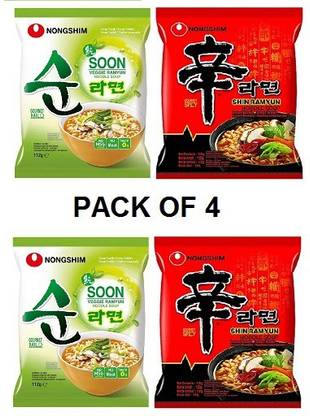 Nongshim Shin Ramyun 2X120 & Soon Veggie 2X120 Instant Noodles (Pack of ...