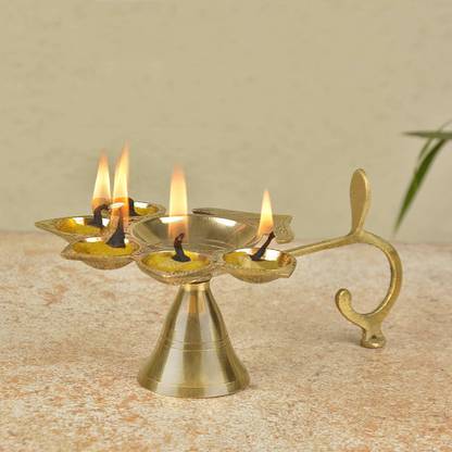 COPPER KITCHEN Pure Brass Panch Mukhi Aarti Diya & Handle Puja ...