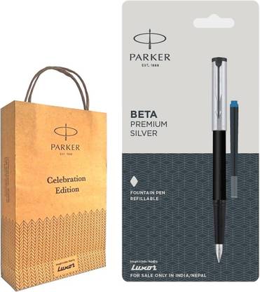 PARKER Beta Premium Silver Fountain Pen with Gift Bag Fountain Pen ...