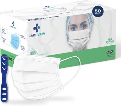 Care View 3 Ply White coloured Disposable Face Mask Box (Pack of 50 ...