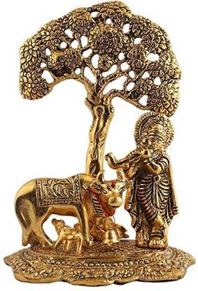Hanu Creations Krishna Idol Murti with Kamdhenu Cow Standing Under Tree ...