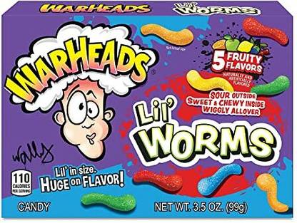 Warheads Lil' Worm Gummi Candy Chews, Theater Box 99g Lemon, Green ...