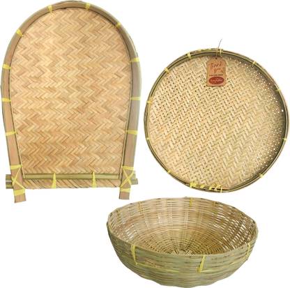 Rupsaghor Combo Pack Of Bamboo Tray & Sieve/Arippa/Chalni/Rice Stone ...