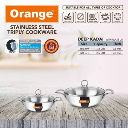 ORANGE Orange Stainless Steel Triply Kadai set Induction Bottom ...
